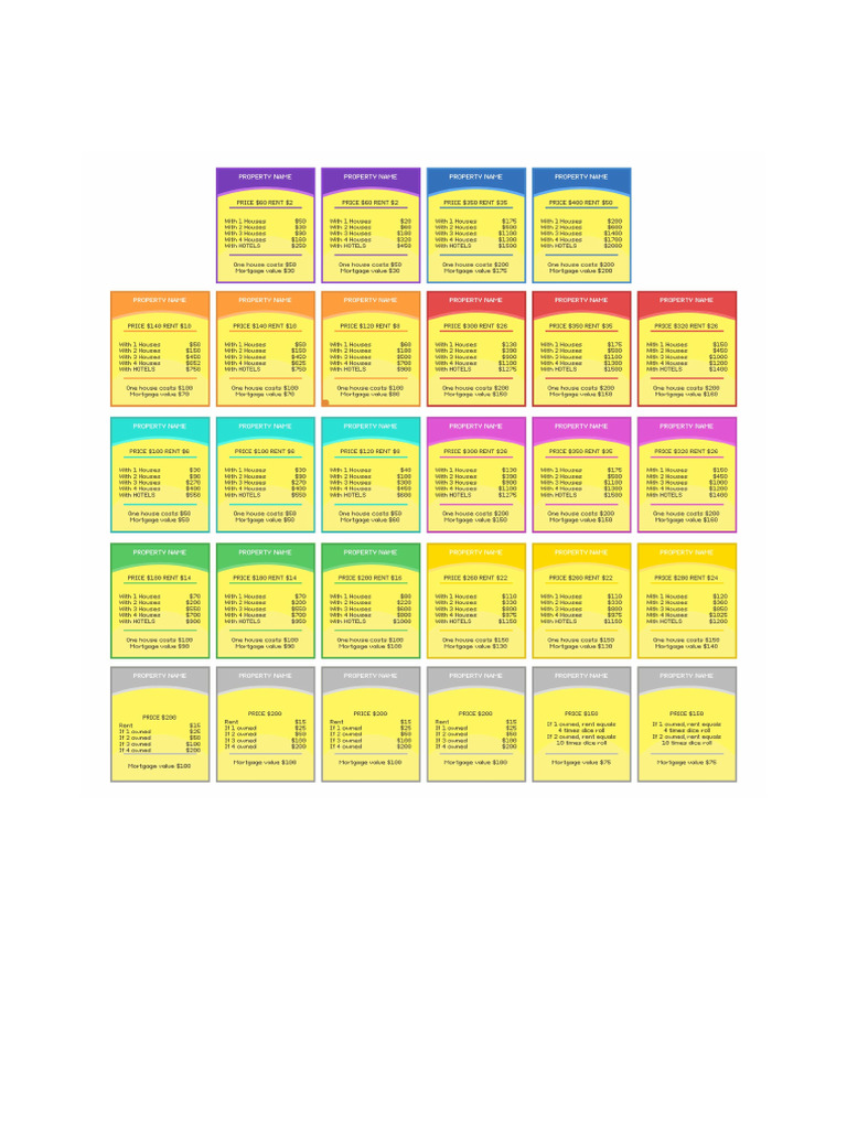 Monopoly Original Property Cards Printable - JPG 1 | PDF