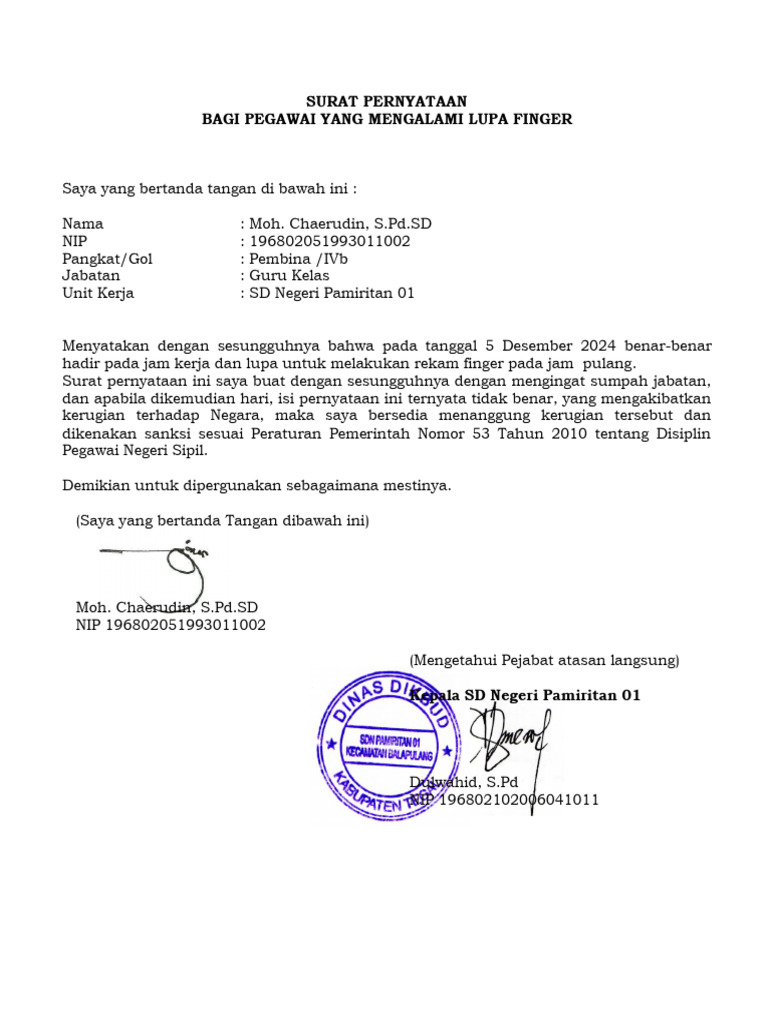 Surat Keterangan Lupa Absen | PDF