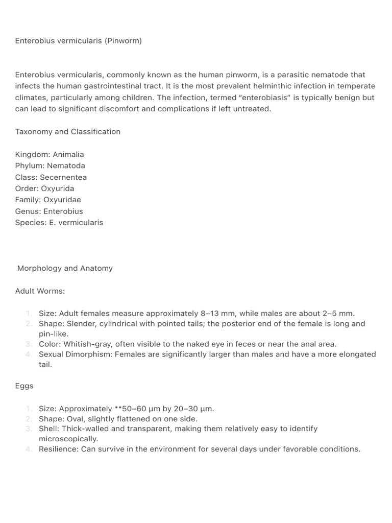 Enterobius vermicularis (Pinworm) | PDF | Parasitology | Immunology