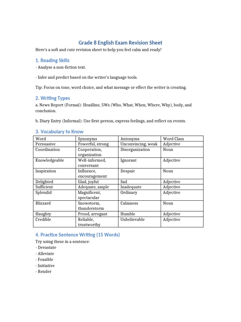 Grade 8 English Revision Sheet | PDF