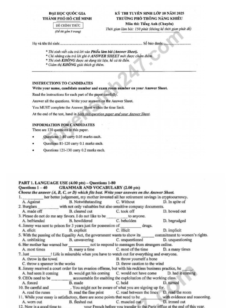 Tiếng Anh - chính thức - thi Chuyên - Trường PTNK, TP HCM | PDF
