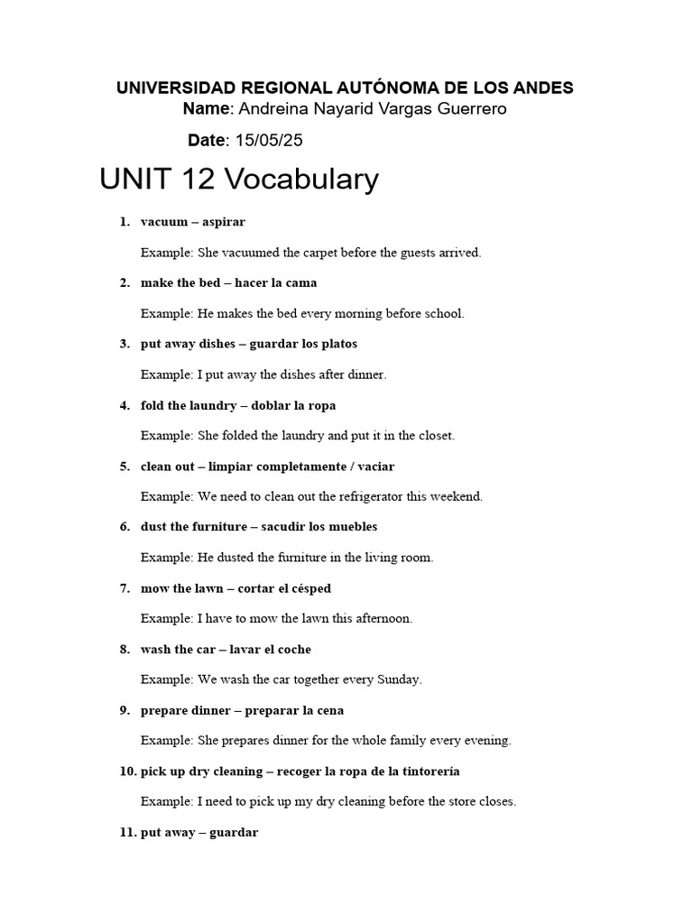 Vocabulary Unit 12 | PDF