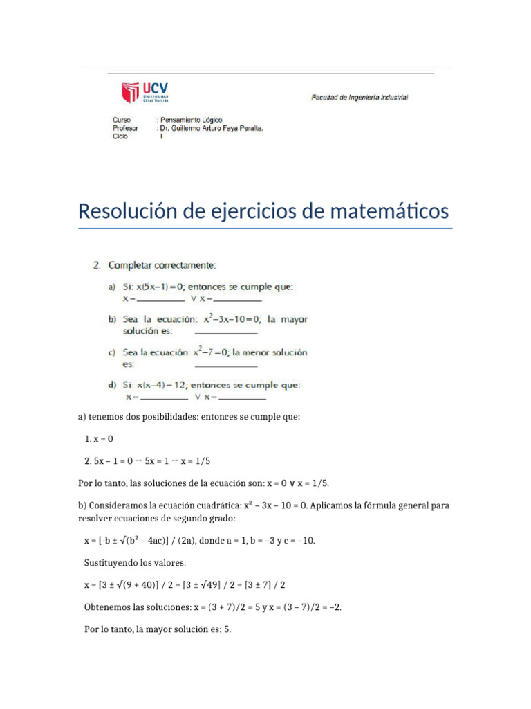 Logico Matematico Resolucion | PDF | Ecuaciones | Raíz cuadrada