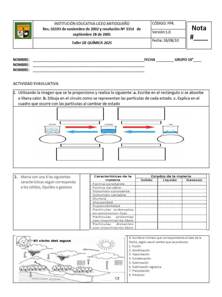 Cambios de Estado de la Materia: Taller de Química | PDF | Gases | Líquidos