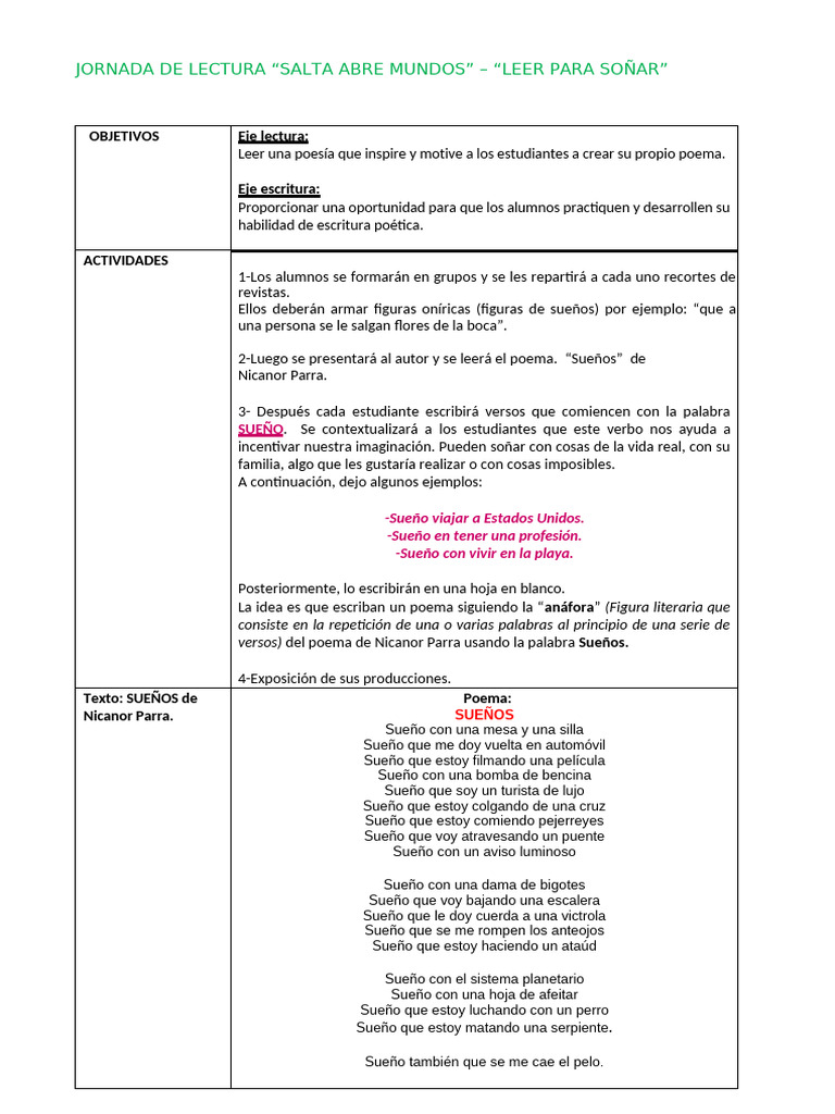 Jornadad de Lectura Leer para Soñar | PDF