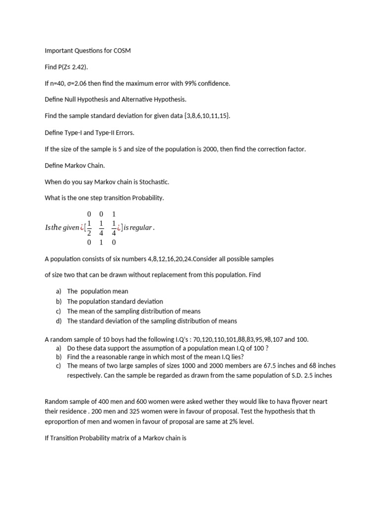 Important Questions For COSM June2025 | PDF | Standard Error | Standard Deviation