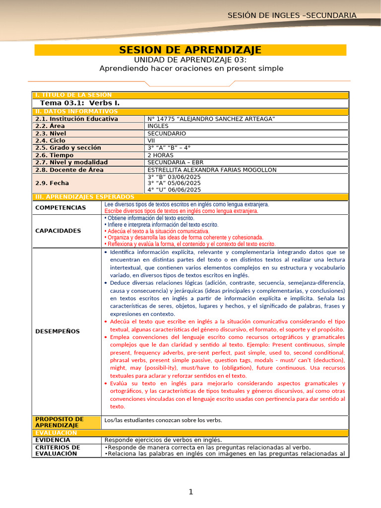 3° - 4° Sec. Sesion Actv 03.1 Ingles 2025 | PDF | Aprendizaje | Enseñando