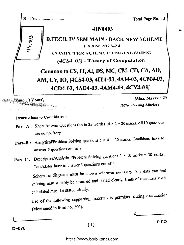 Btech Cs 4 Sem Theory of Computation 41n0403 2024 | PDF