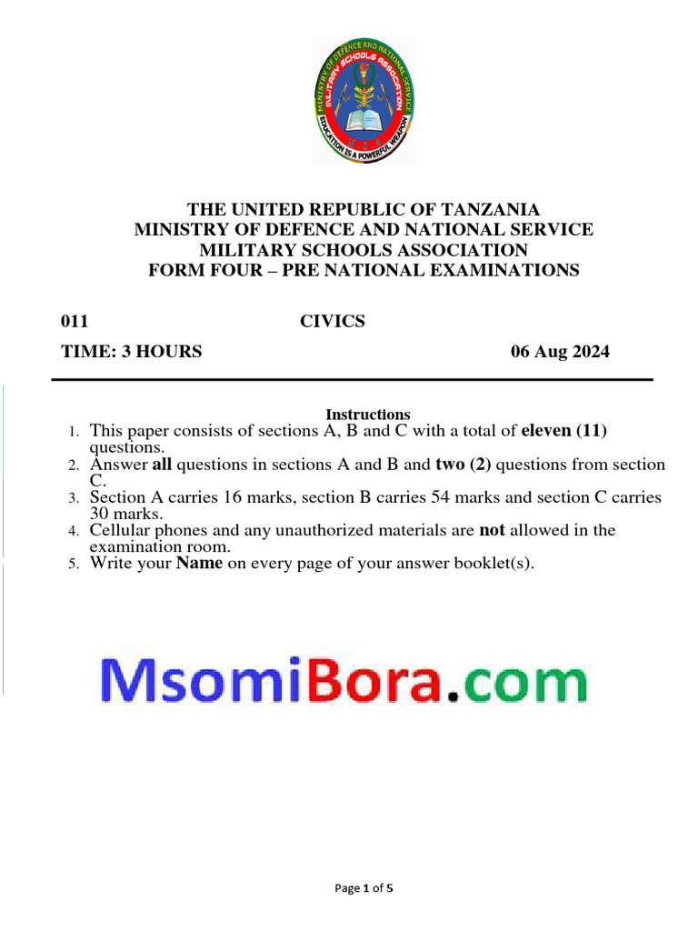 Tanzania Form Four Civics Exam 2024 | PDF | Poverty | Poverty ...