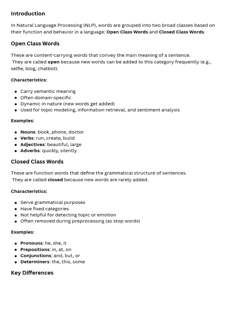 Open and Closed Class Words in NLP | PDF