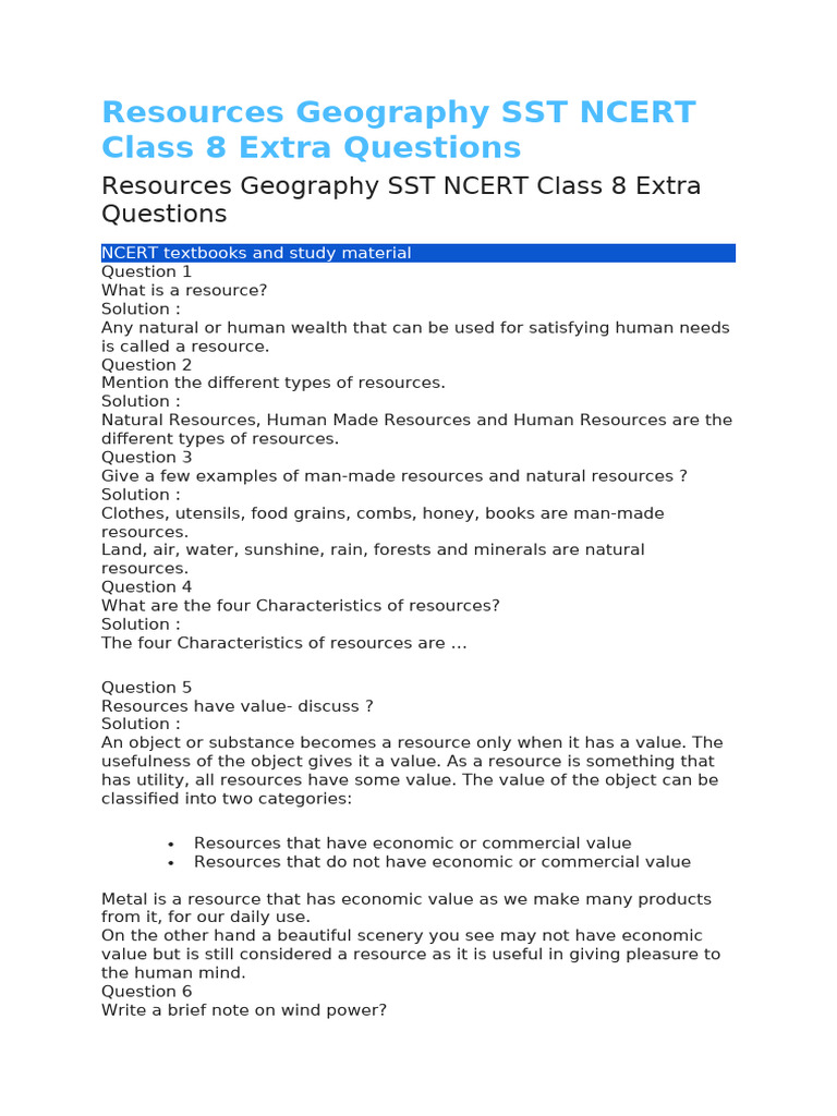 Class 8 Geography Resources Questions | PDF | Renewable Energy ...