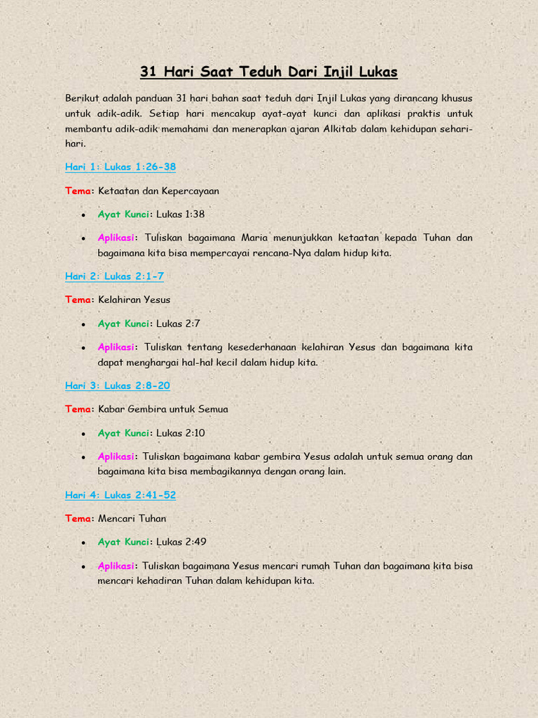 31 Hari Saat Teduh Dari Injil Lukas | PDF