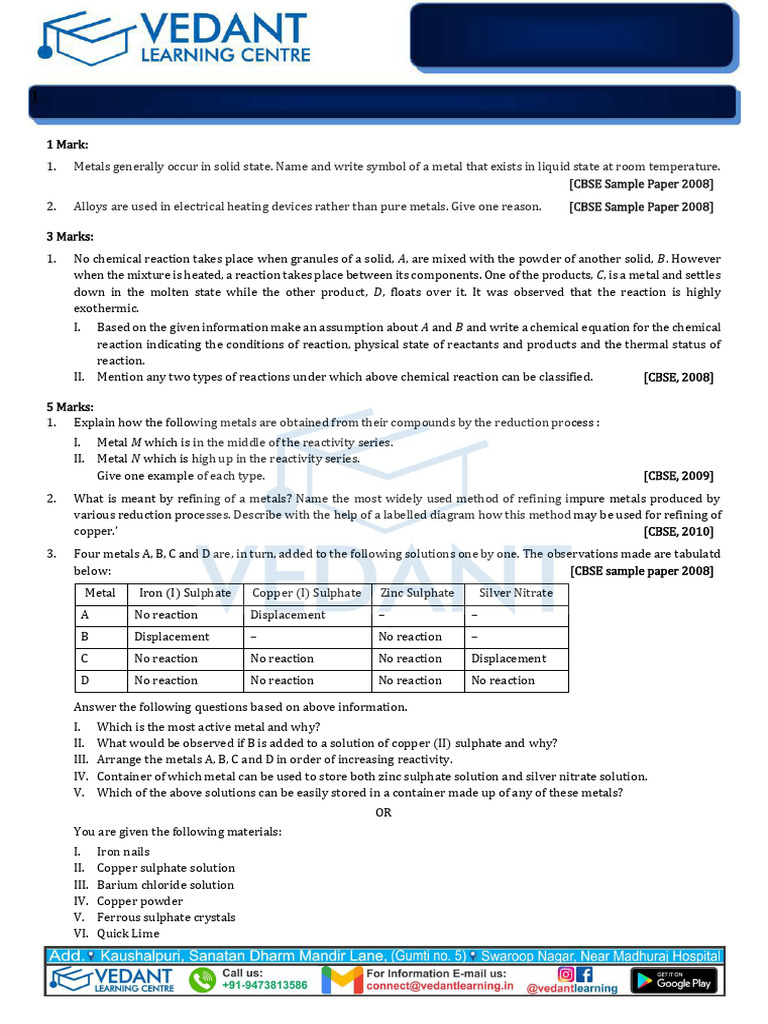 Metals and Non-Metals Important Questions | PDF | Chemical Reactions ...