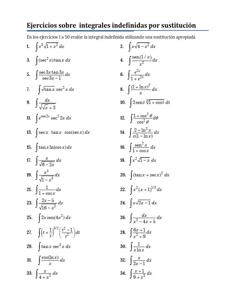 Ejercicios - Integral Por Sustitucion | PDF
