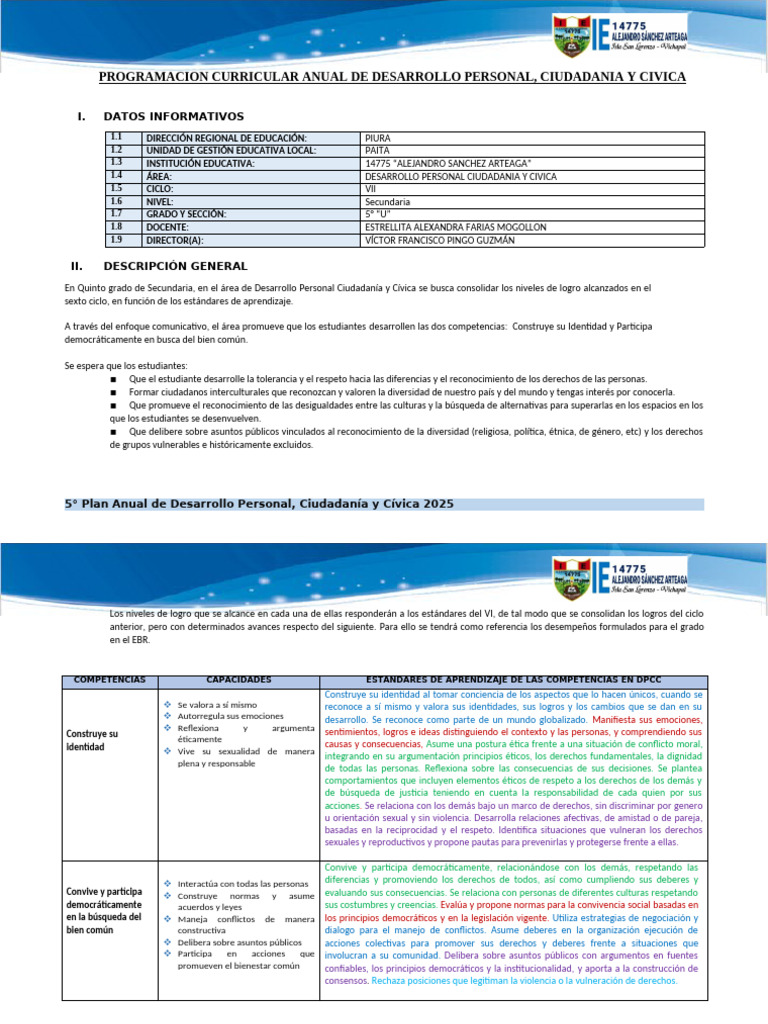 Programacion Anual DPCC 5 Ano 2025 | PDF | La sexualidad humana | Evaluación