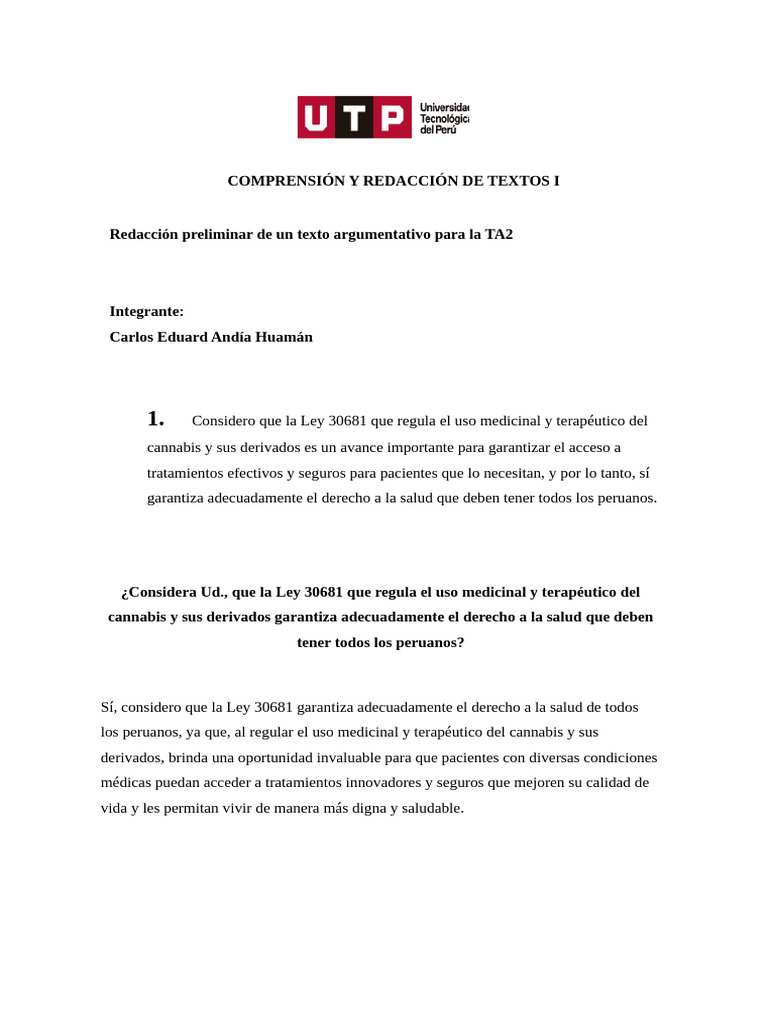 Semana 10 - Tema 01 Tarea - Redacción Preliminar de Un Texto Argumentativo Para La TA2 | PDF ...