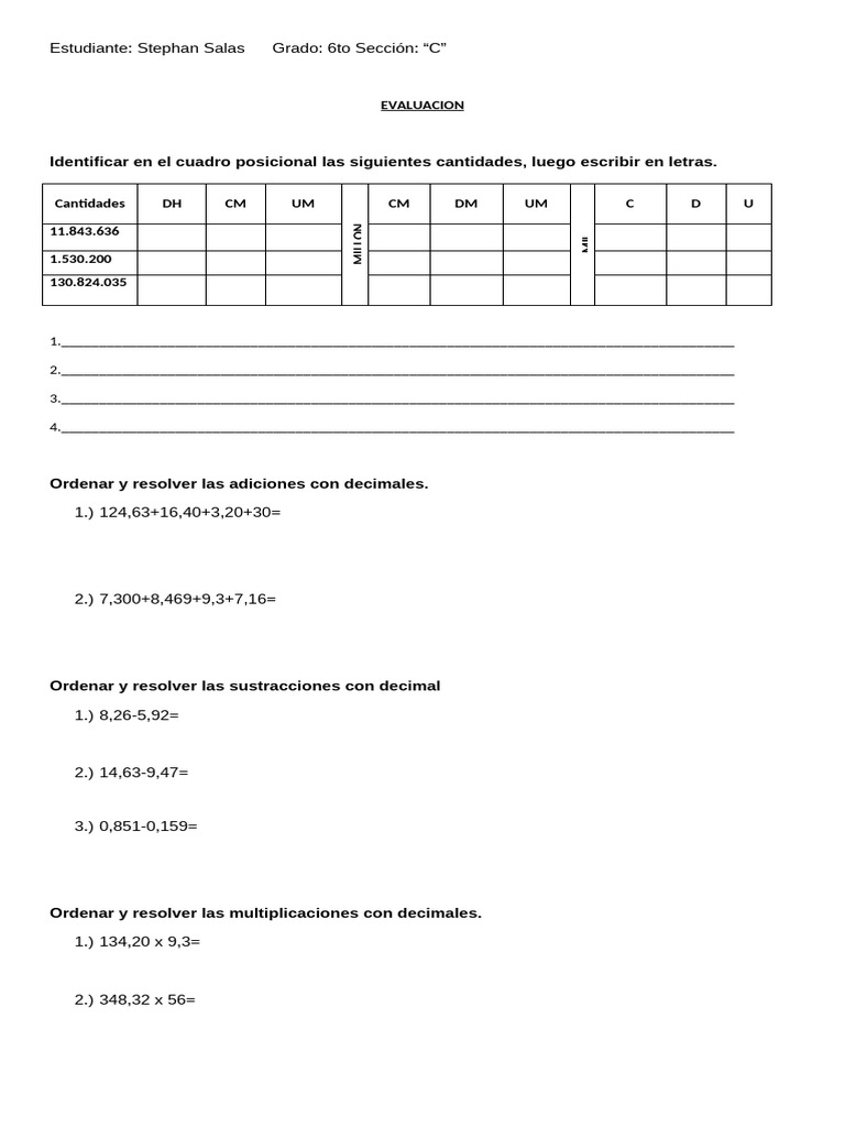 Ejercicios de Matemáticas para 6to Grado | PDF