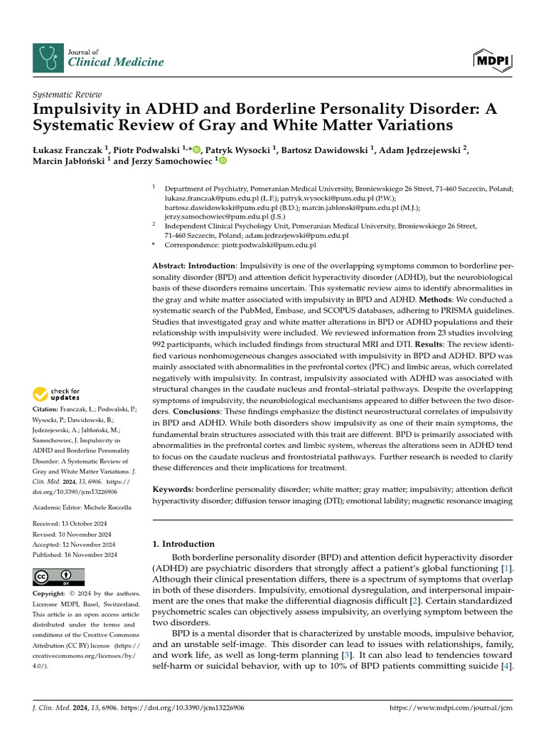 Impulsivity in ADHD and Borderline Personality Disorder A Systematic ...