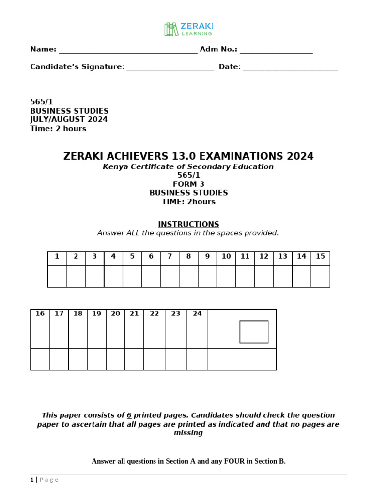 2024 Business Studies Exam Paper | PDF | Market (Economics) | Business