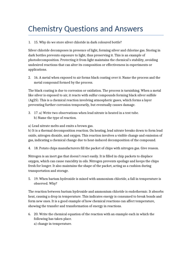 Chemistry Questions Answers | PDF | Chemical Reactions | Nitrogen