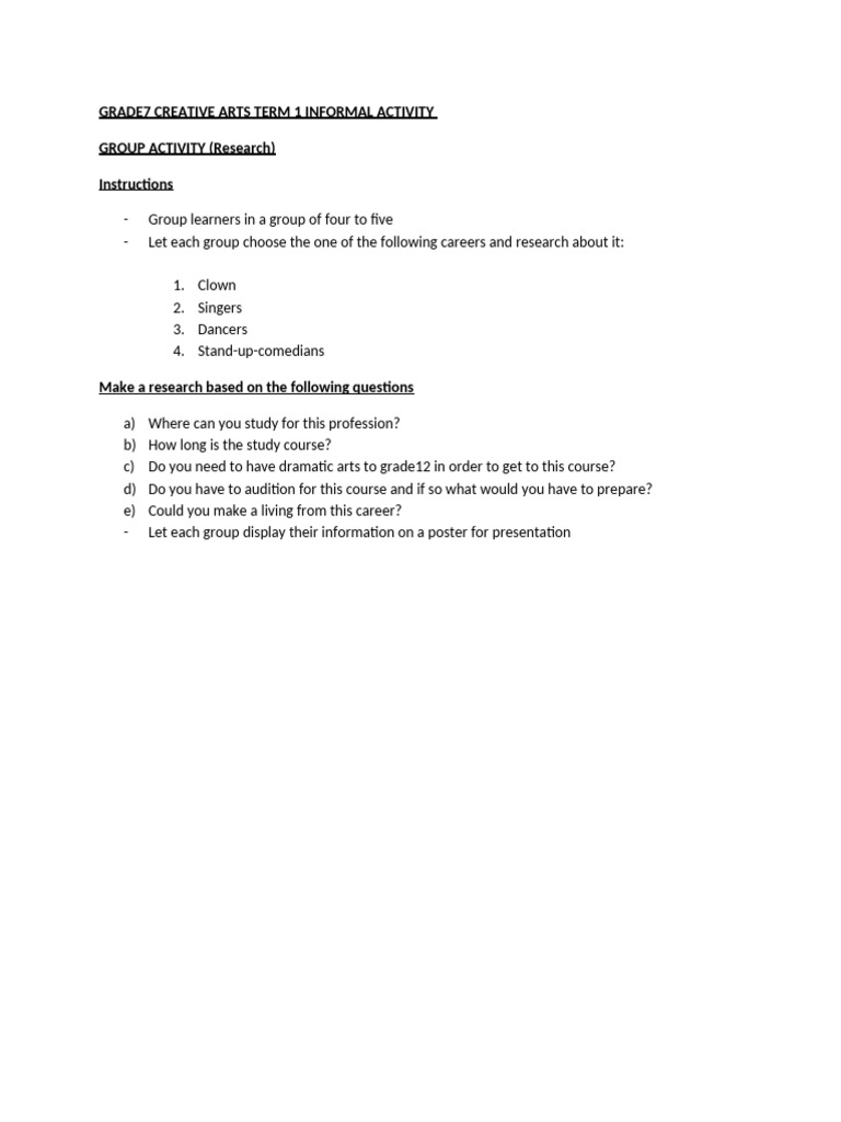 Grade7 Creative Arts Term 1 Informal Activity | PDF