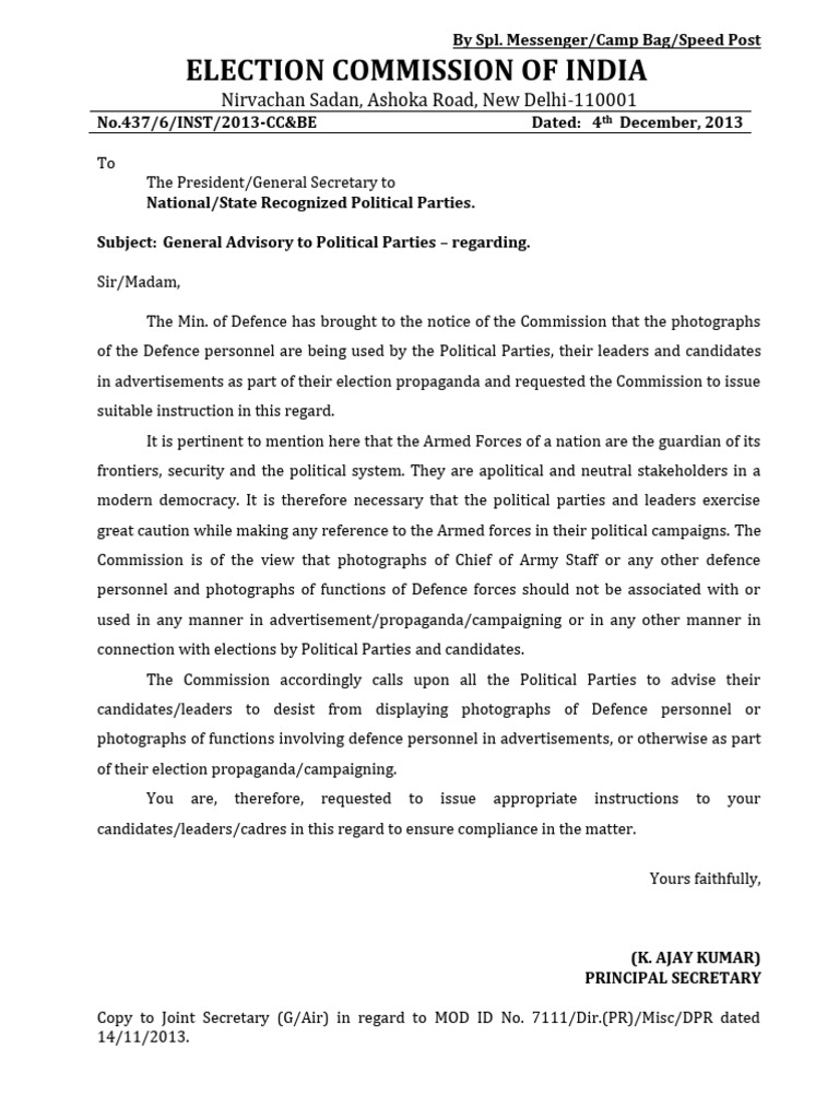 EC Advisory To Political Parties Regarding Use of Photos of Defence ...