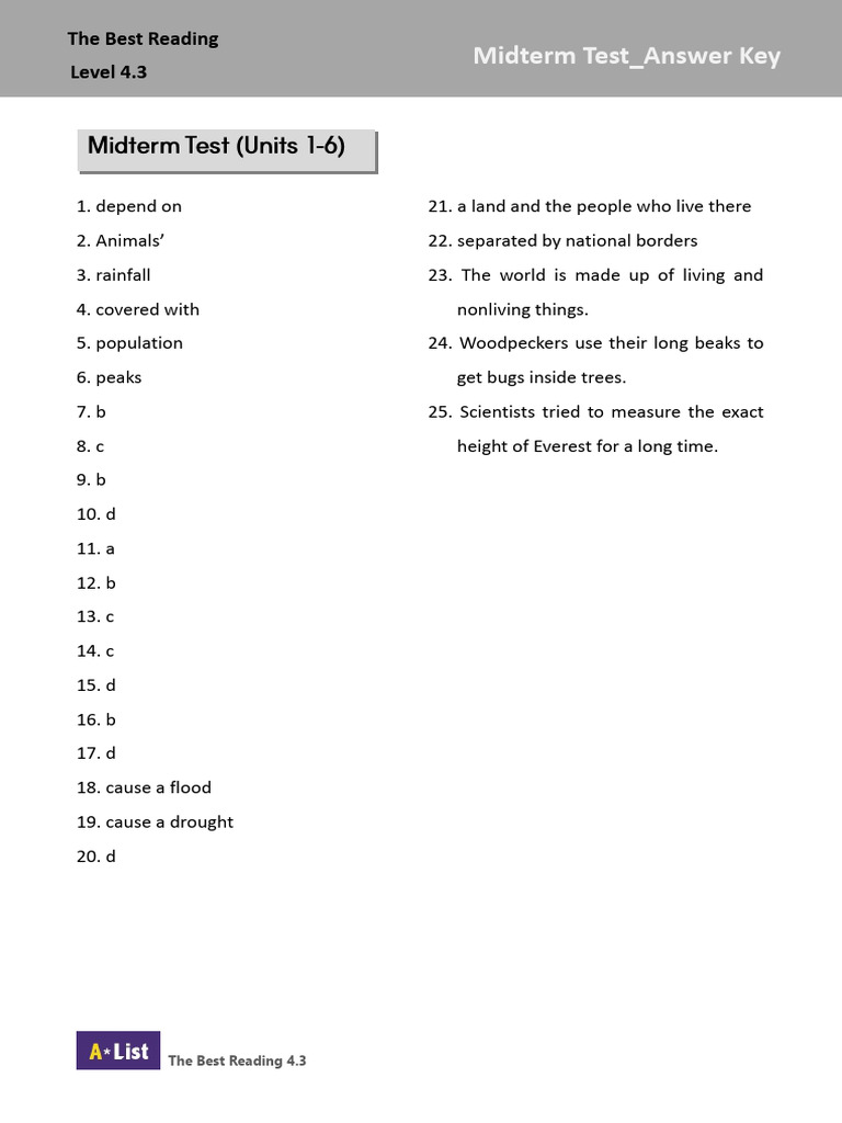 Midterm Test Answer Key for Level 4.3 | PDF