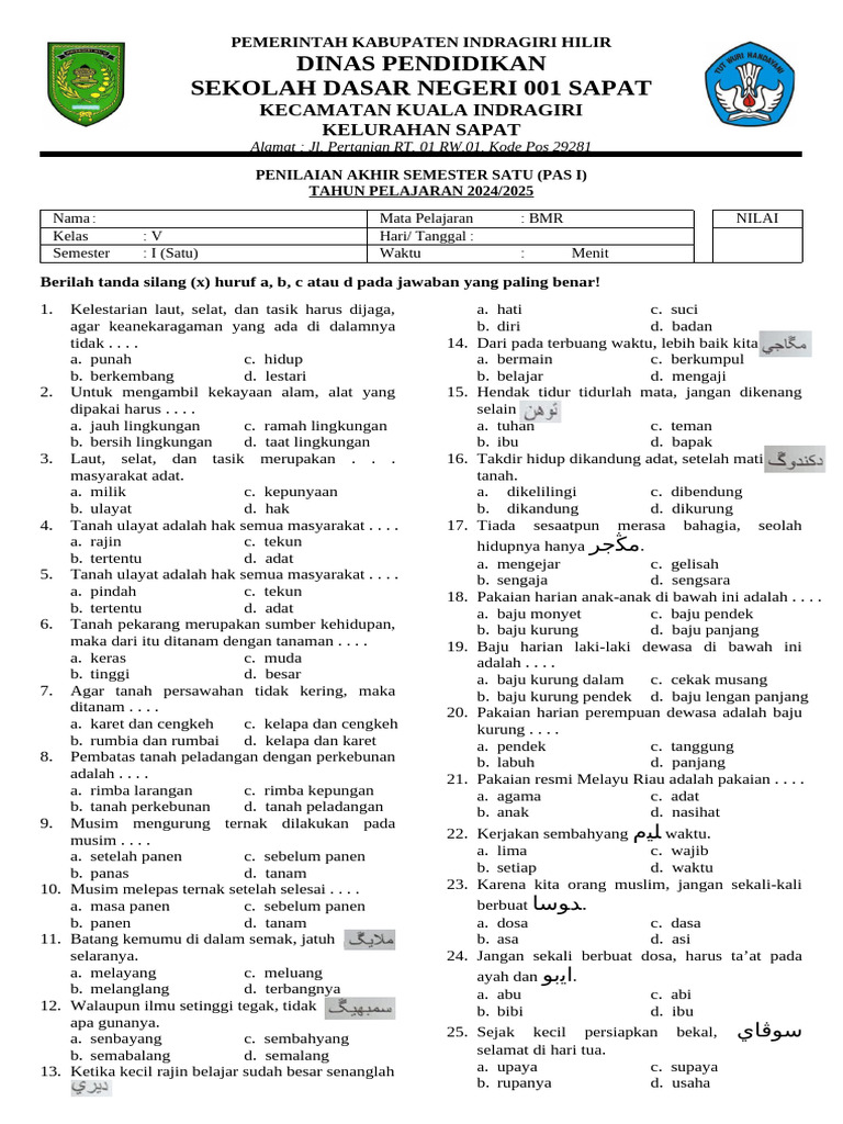 Soal Pas 1 Kelas 5 BMR | PDF