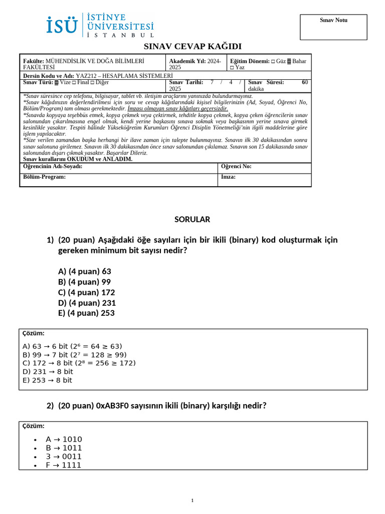 Vize - Hesaplama Sistemleri - CEVAP ANAHTARI | PDF