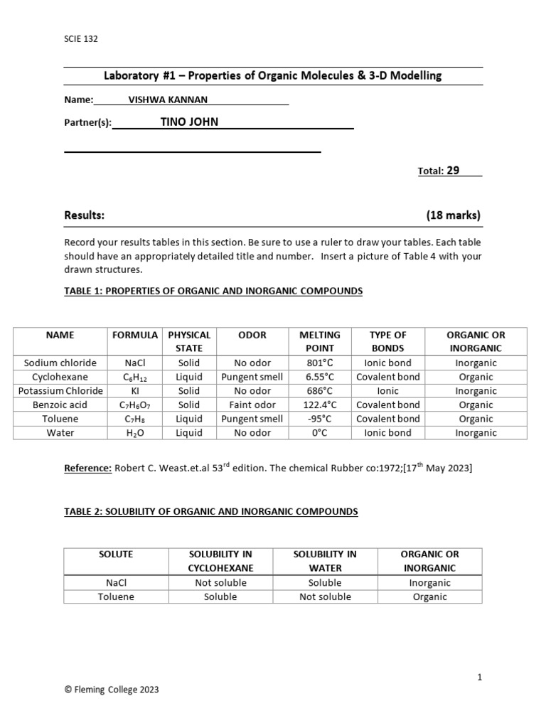 Organic vs Inorganic Molecules Lab | PDF | Organic Compounds | Chemical ...