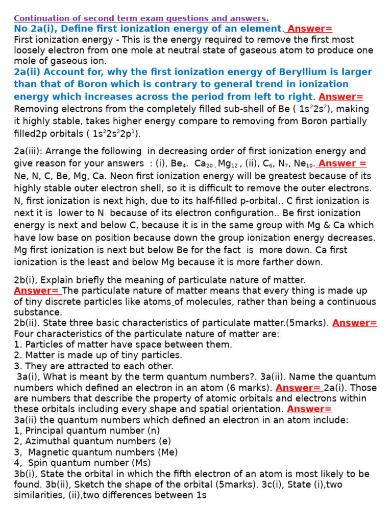Grade 10 Second Term Exam Questions and Answers | PDF | Chemical Bond ...