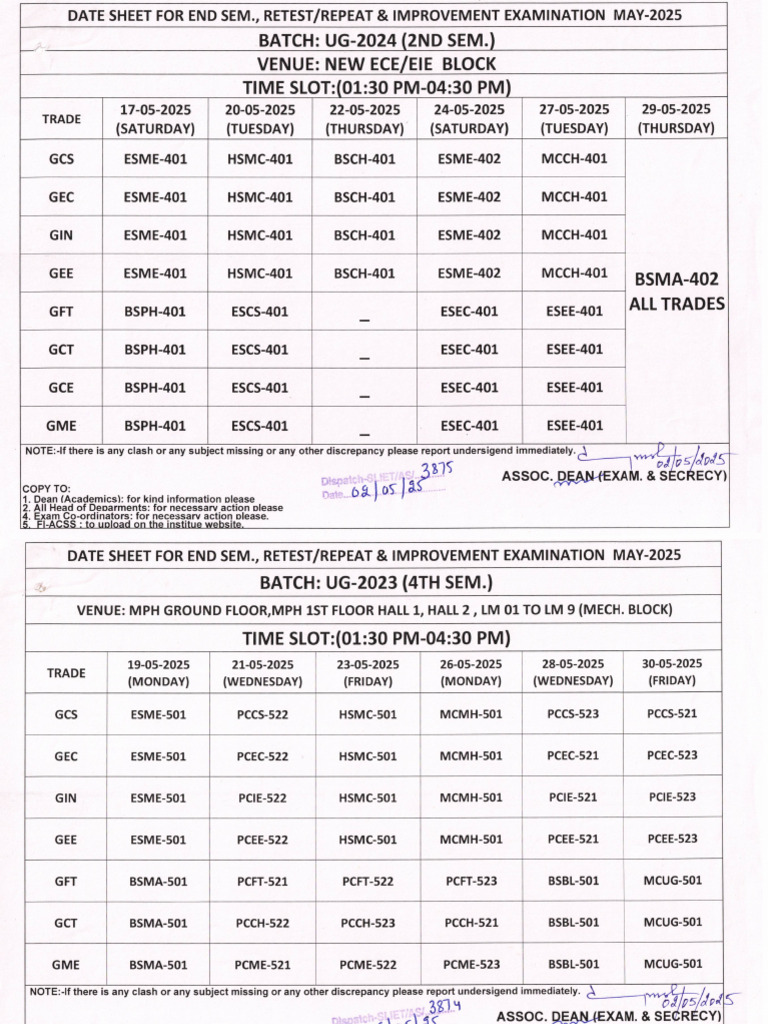 Date Sheet For End Sem Retest Repeat Improvement Exam May 2025 Icd Ug ...