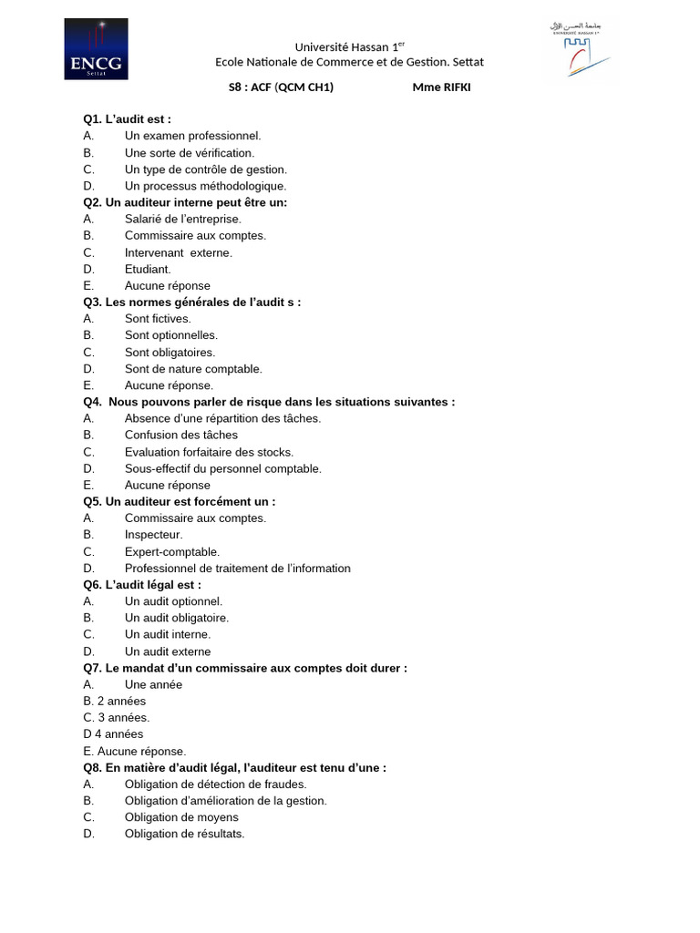 QCM et études de cas en audit | PDF | Audit | Bilan comptable
