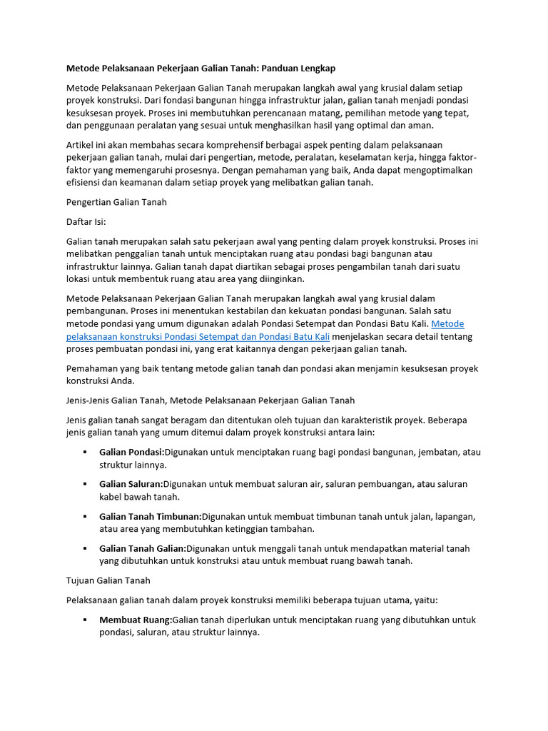 Metode Pelaksanaan Pekerjaan Galian Tanah | PDF