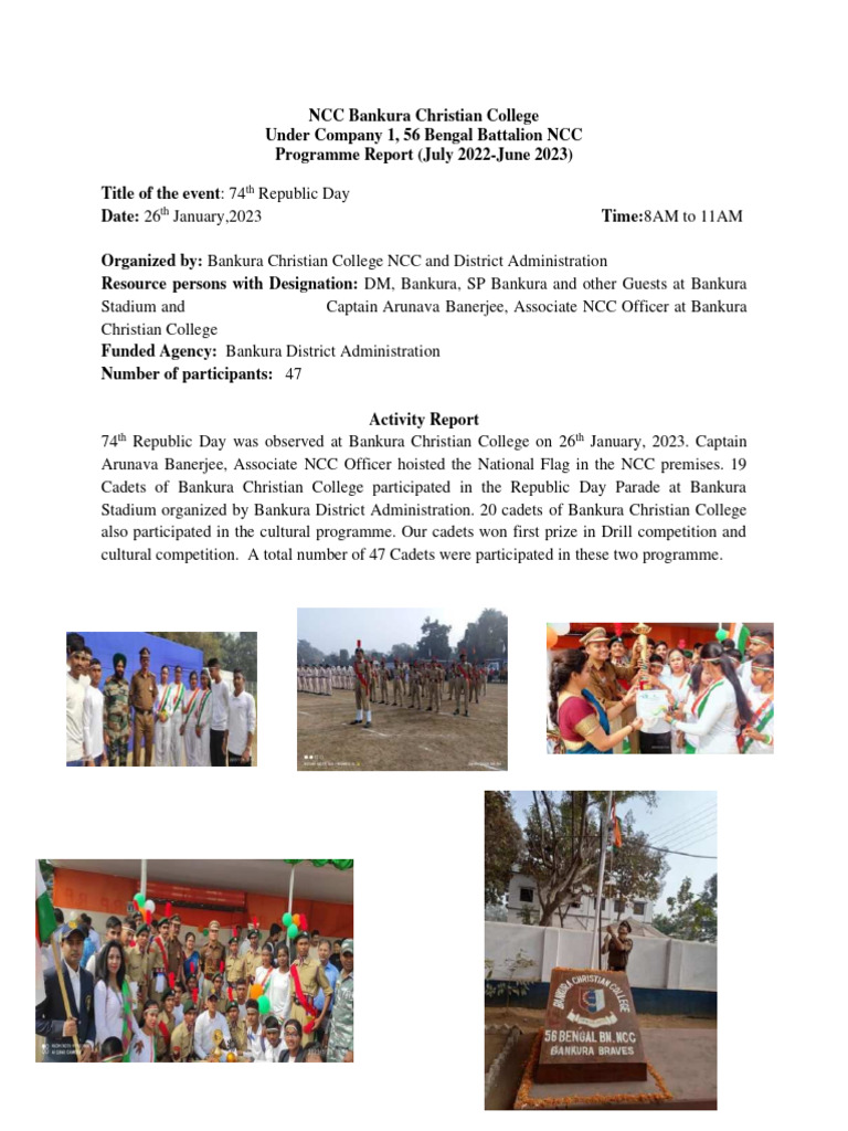 NCC Bankura's 74th Republic Day Report | PDF