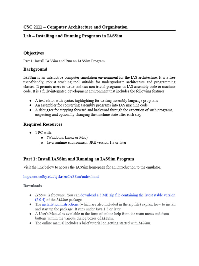 CSC 2111 - Lab 1 - Install IASSim | PDF