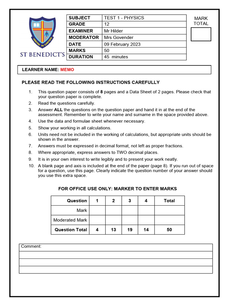 G12 - Physics - Controlled Test 1 - MG - 2023 | PDF | Force | Momentum
