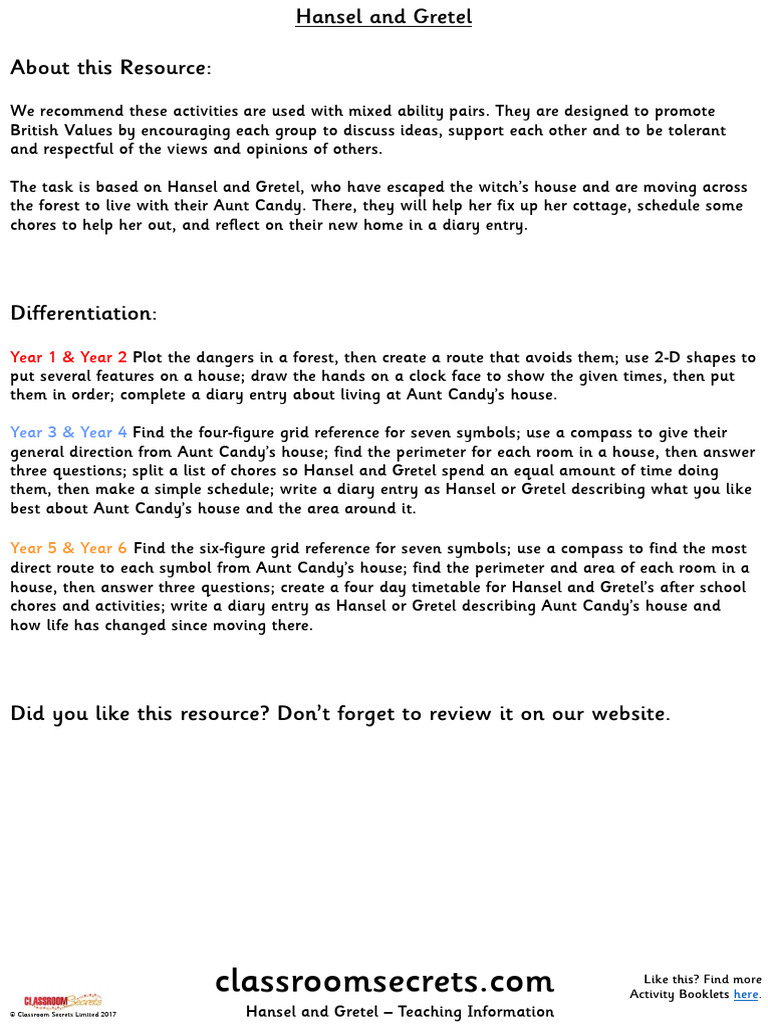 Hansel and Gretel Group Work Pack | PDF | Hansel And Gretel (Opera) | Area