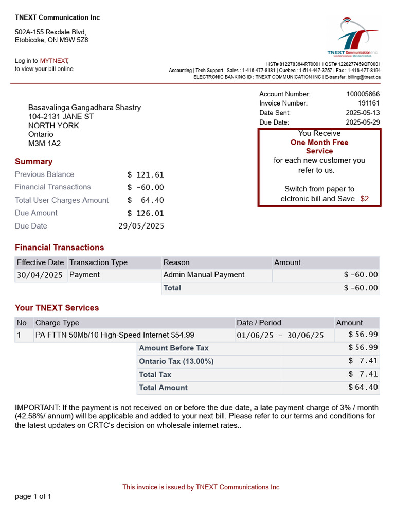 TNEXT Communication Invoice Summary | PDF | Payments | Service Industries