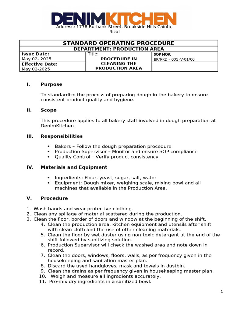 Bakery SOP: Cleaning Procedures | PDF | Personal Protective Equipment ...
