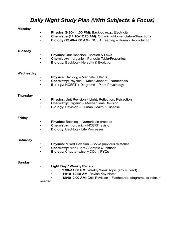 Daily Night Study Plan (With Subjects & Focus) | PDF