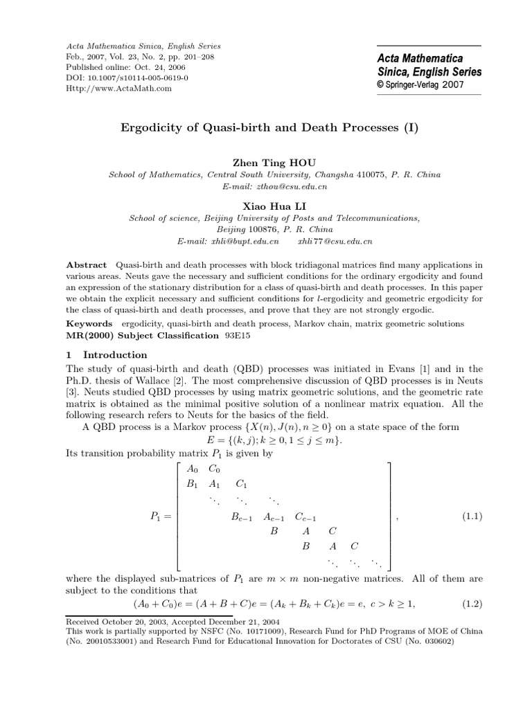 Hou, Li - 2007 - Ergodicity of Quasi-Birth and Death Processes (I ...