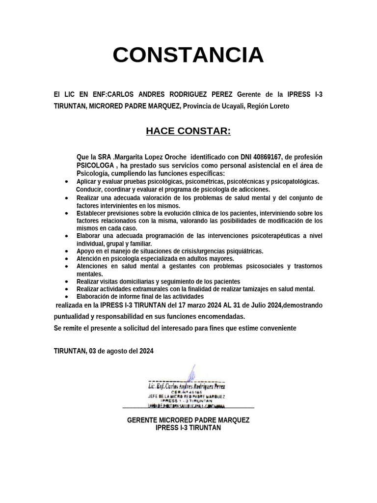 Constancia de Servicios de Psicología | PDF
