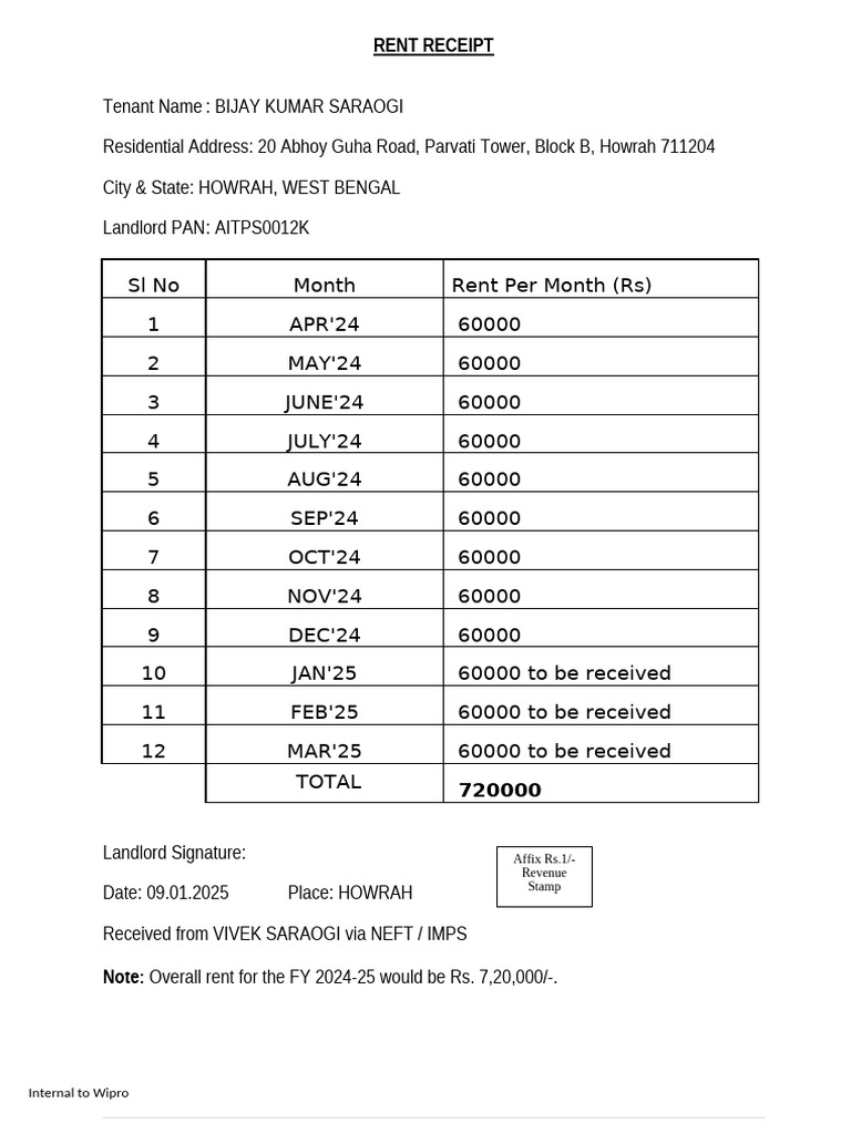Rent Receipt Format 24-25 Kolkata | PDF