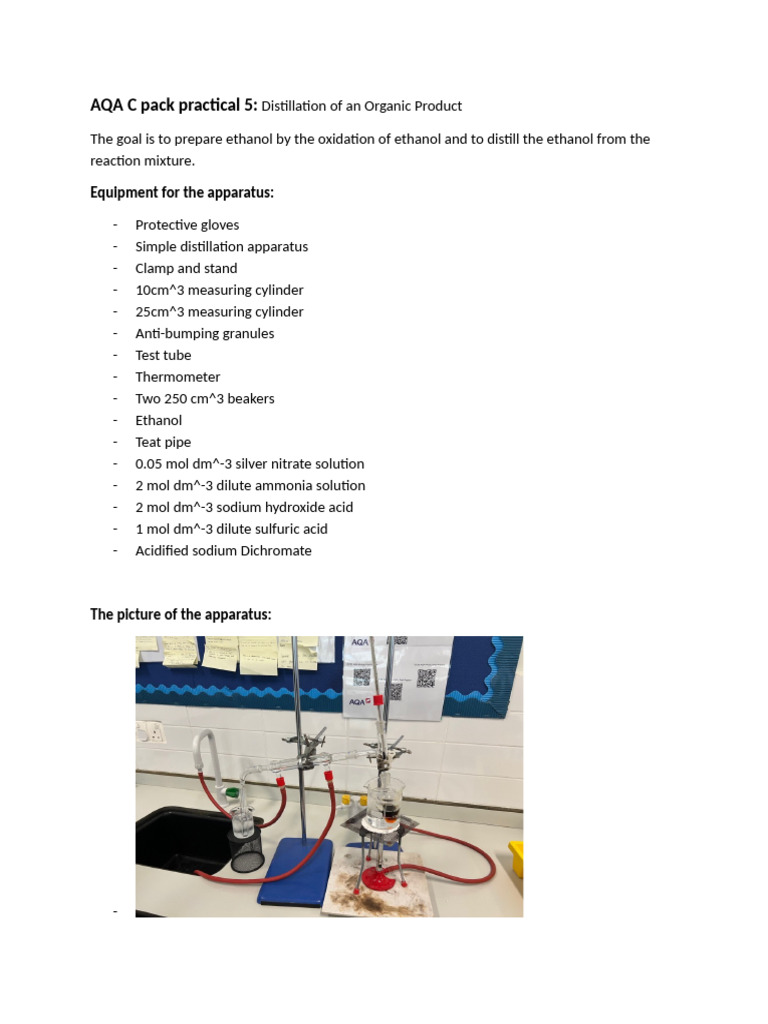 AQA C Pack Practical 5 - Distillation of Organic Product | PDF ...