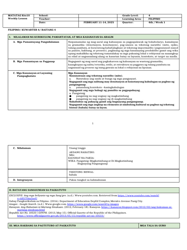 Filipino 4 DLL q4 Week 1 | PDF