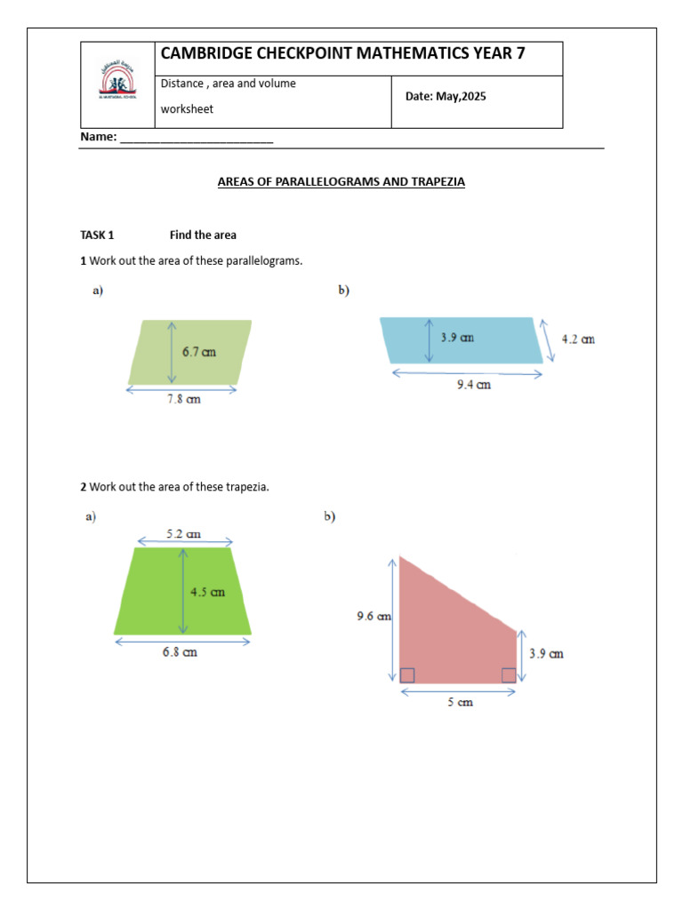 Area of Parralleogram and Trapezium Worksheet 2 | PDF