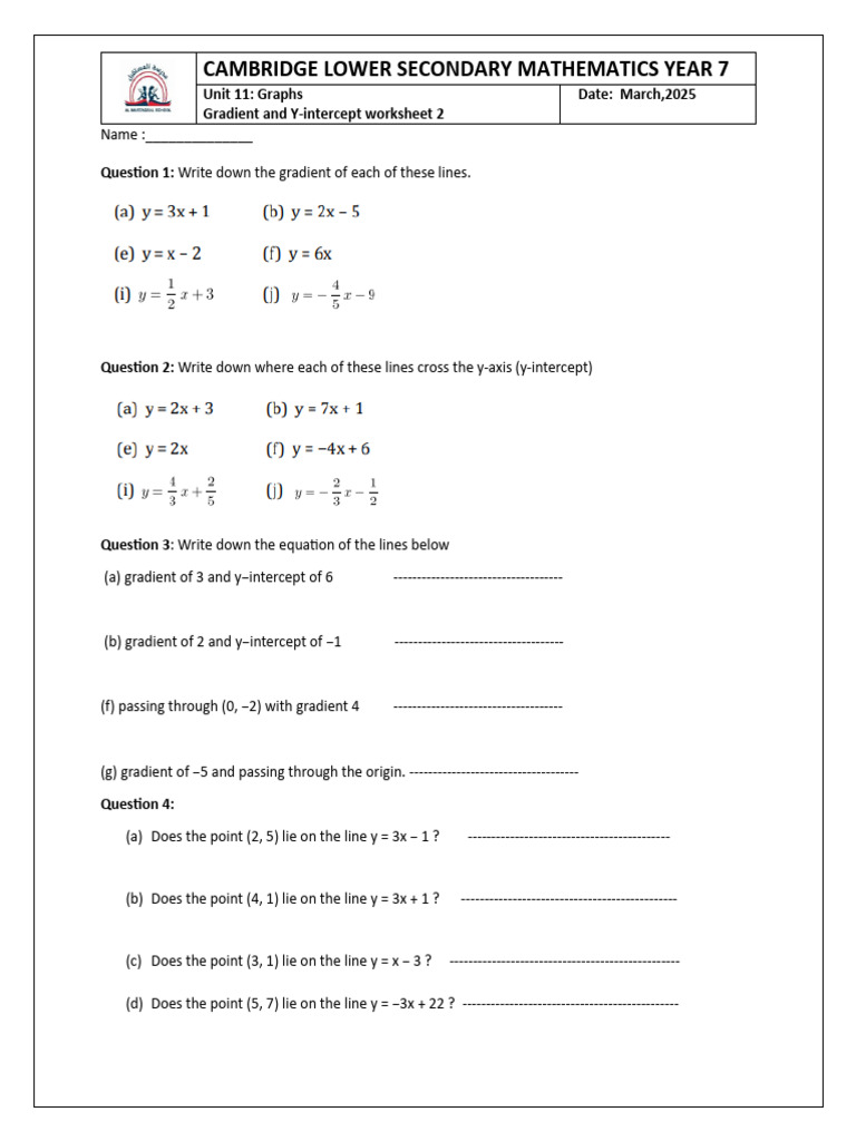 Gradient and y Intercept Worksheet 1 | PDF