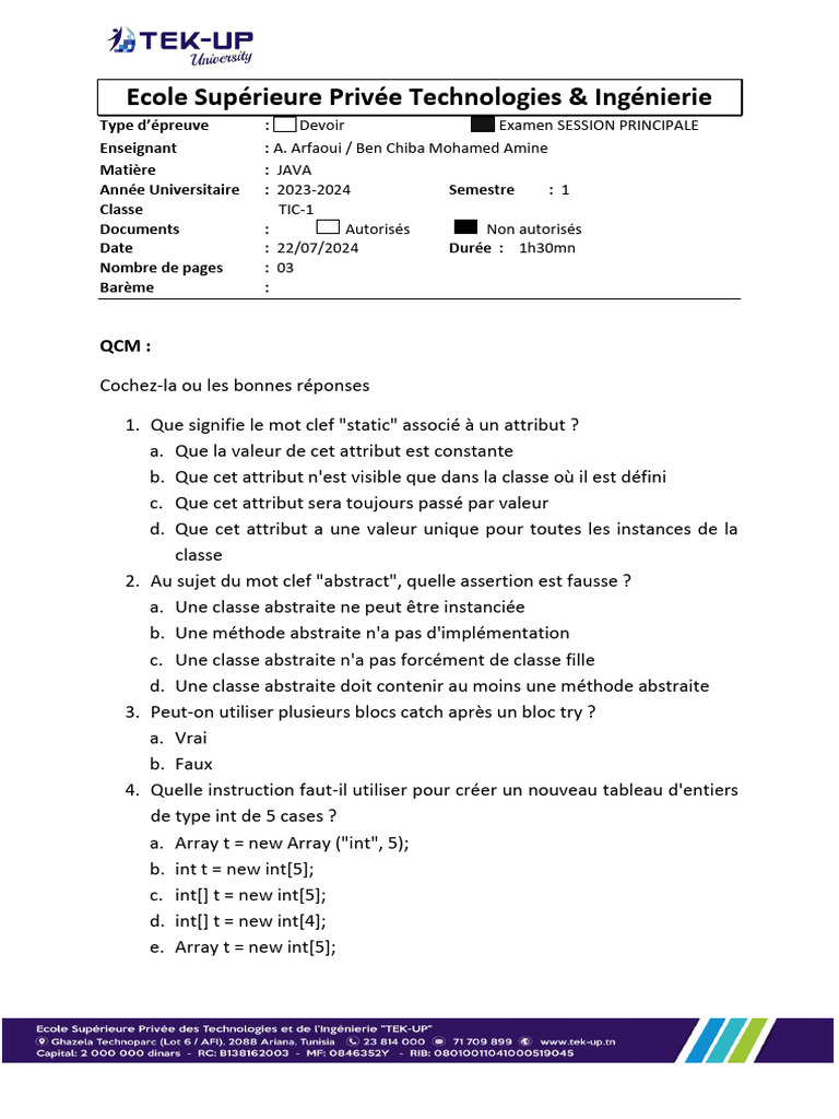 Examen Soir 2024 | PDF | Classe (informatique) | Java (Langage de ...