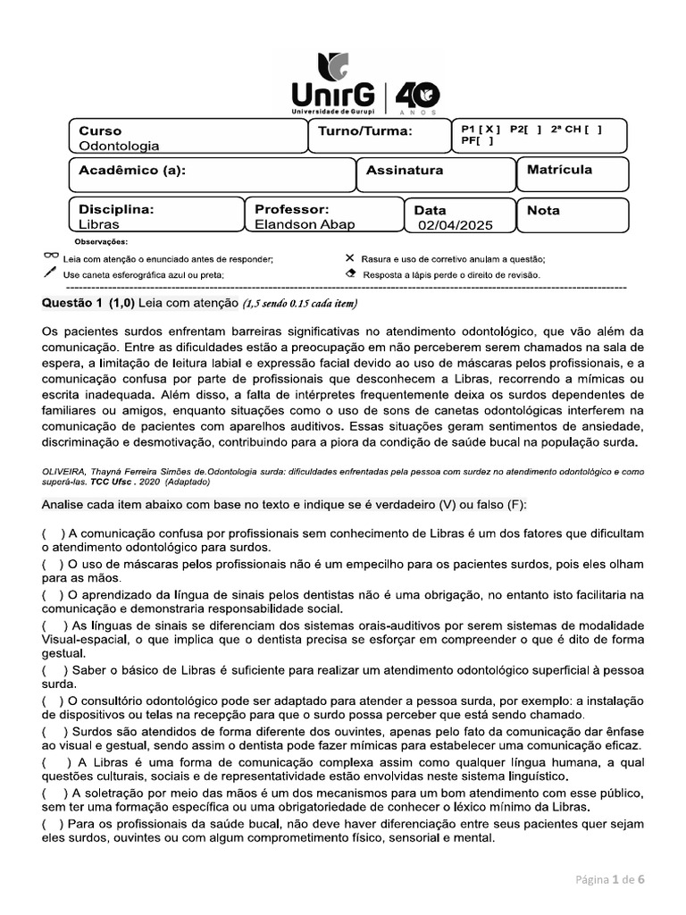 Prova Libras 2025 Odonto 01 | PDF